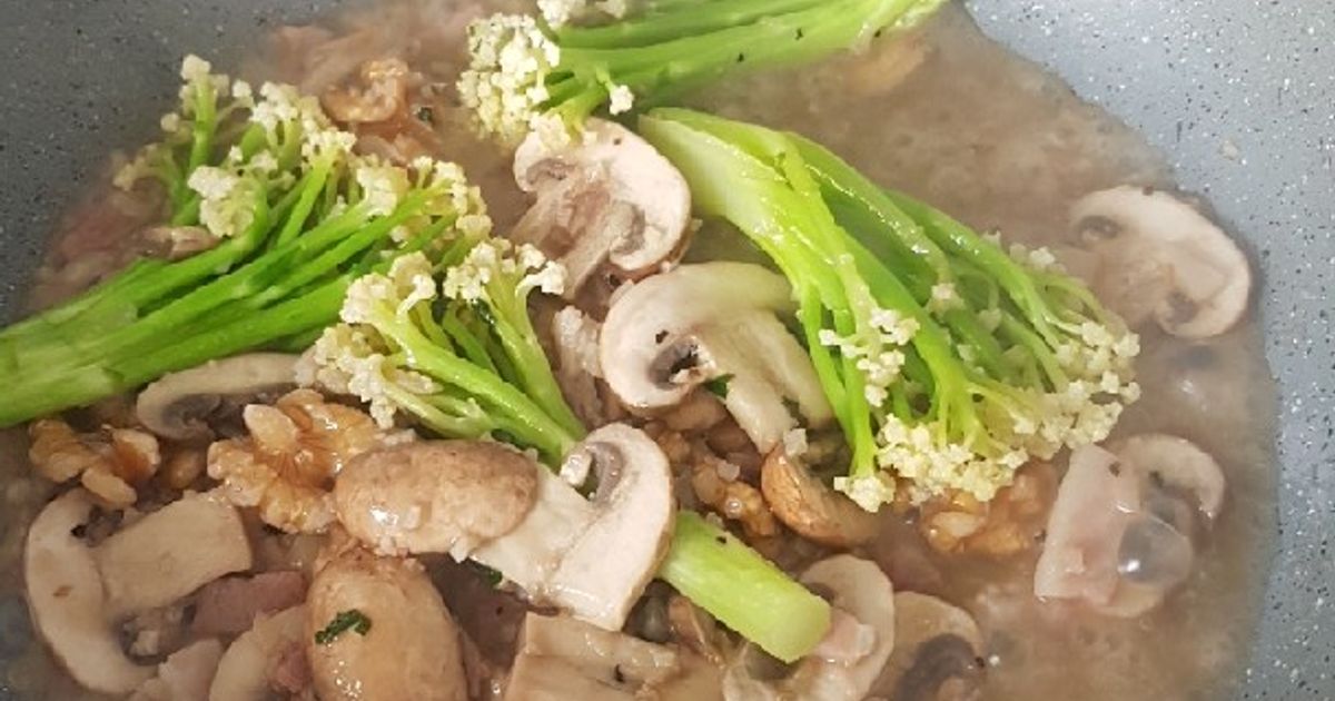 Sauteé Caulini, Brown Mushroom, Bacon, And Walnut Recipe by Cindy C.R.