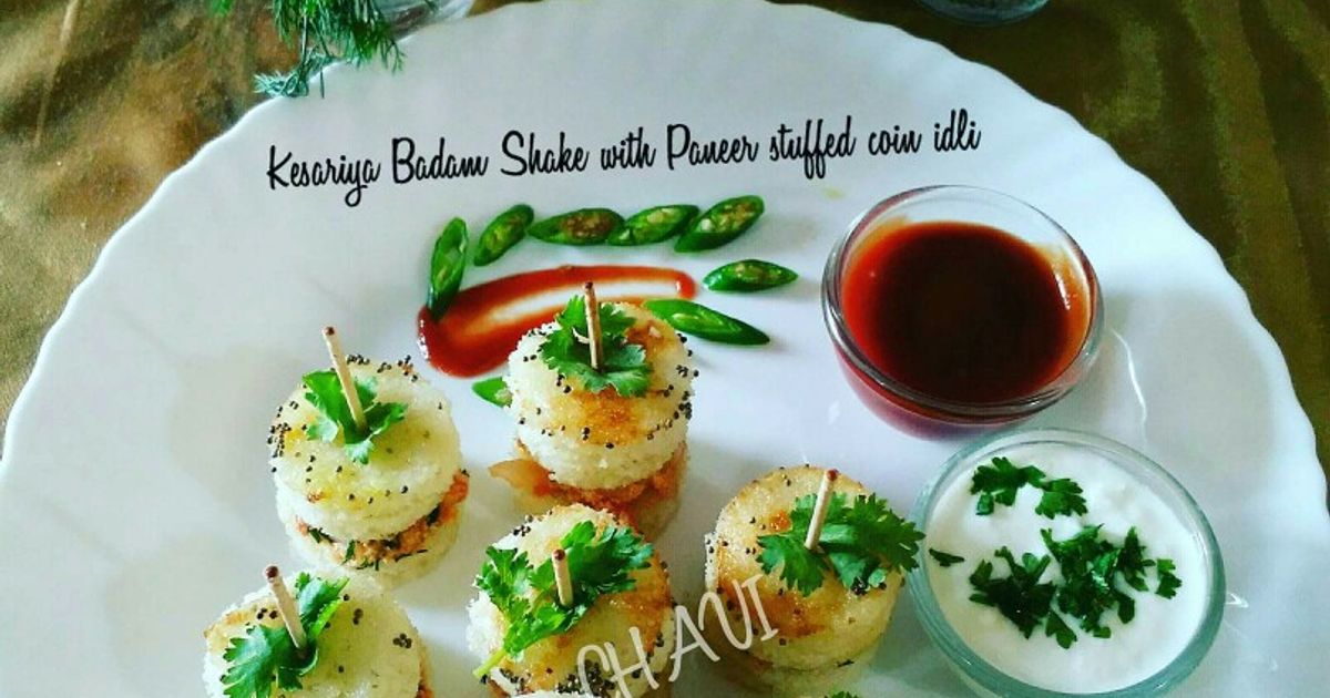 Kesariya Badam Shake With Paneer Stuffed Coin Idli Recipe by Chavi ...