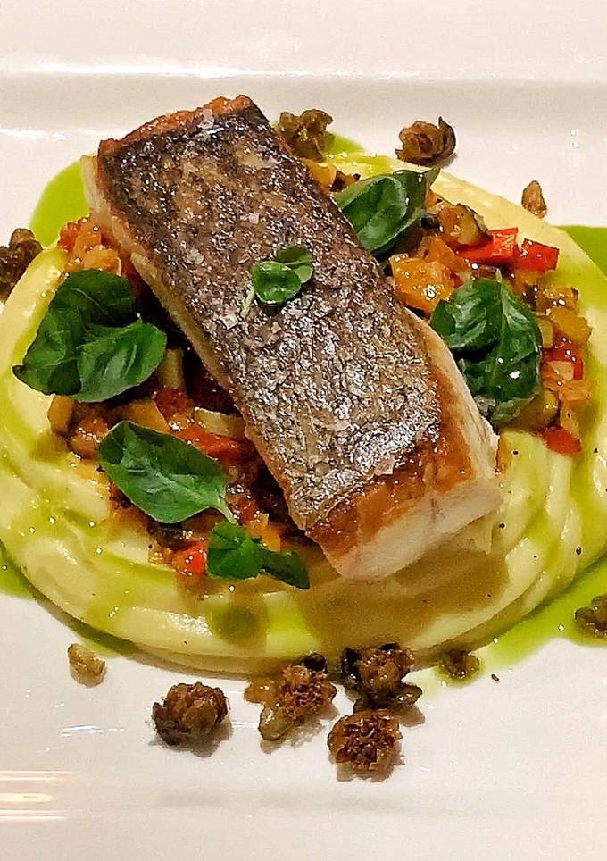Blue eye cod with caponata, Dutch creme mash, fried capers and served ...