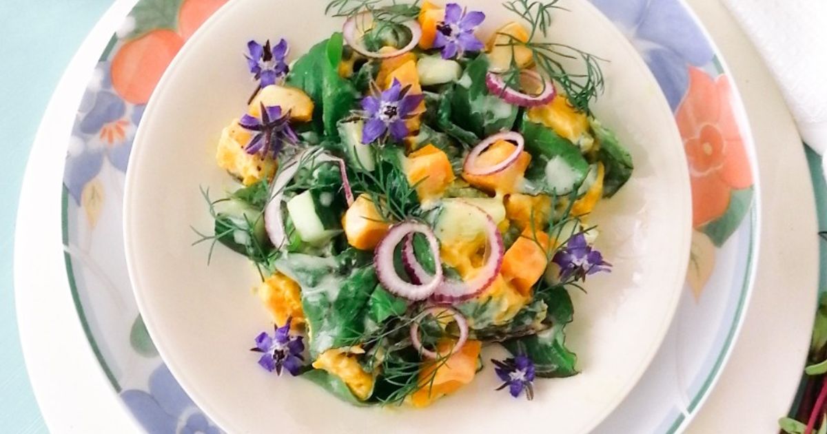 Süßkartoffel Salat Mit Gurke, Borretsch Und Jungen Rote Bete Blättern ...