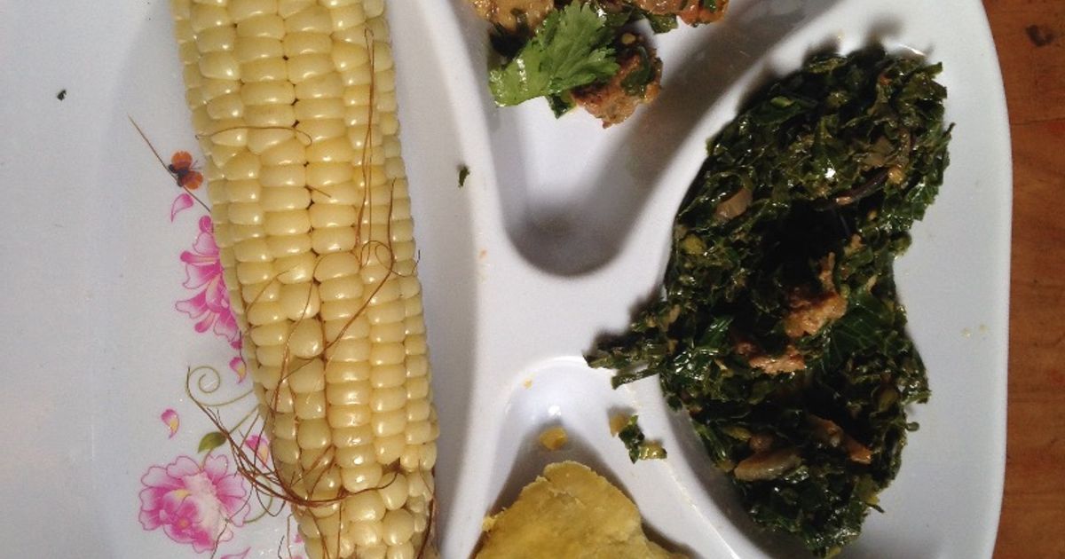 Boiled Maize Served With Boiled Sweet Potatoes And Fried Beef With ...