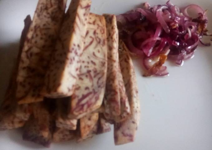 Oven roasted crispy arrow root sticks with buttered onions Recipe by ...