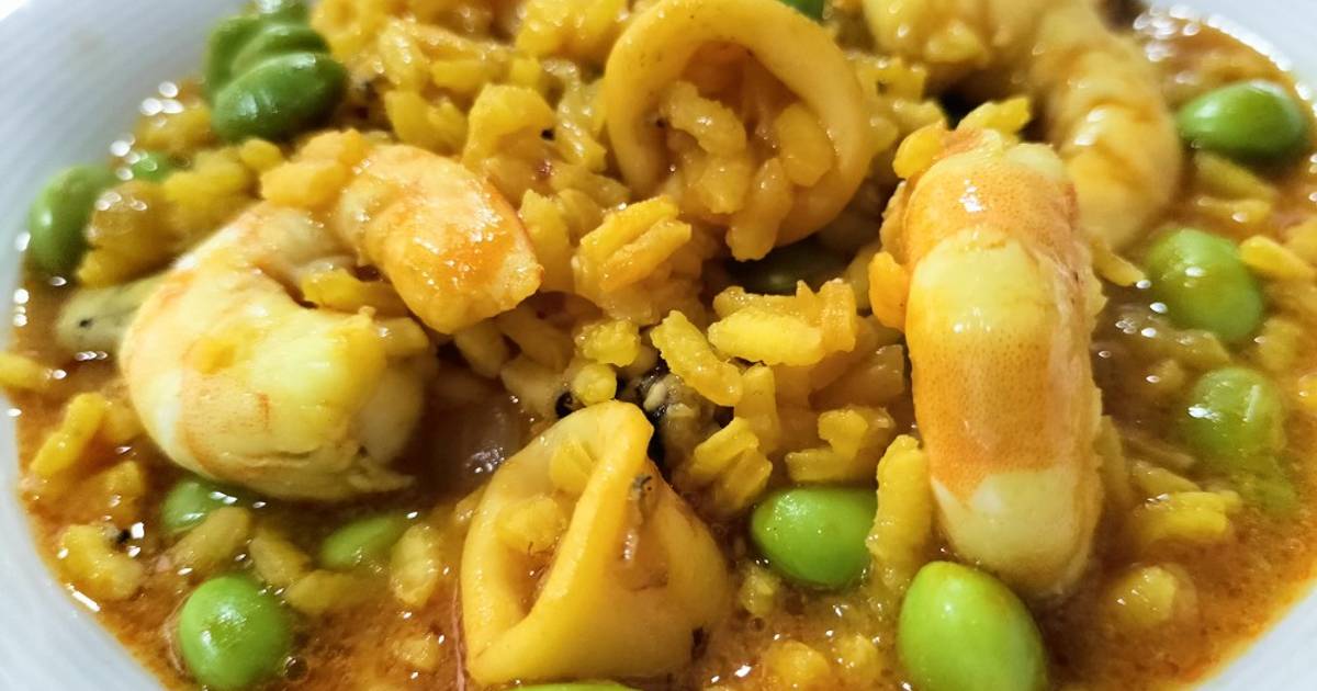 Arroz meloso con calamar, langostino y edamame Receta de Encar- Cookpad