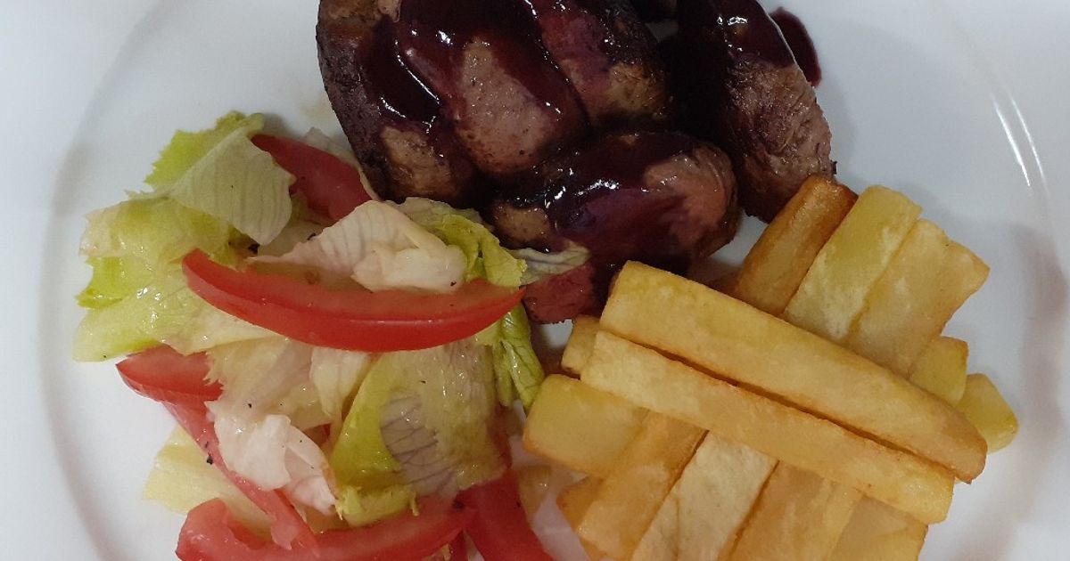 Medium Well Done Steak Having Red Sauce, French Fries And Salad Recipe ...