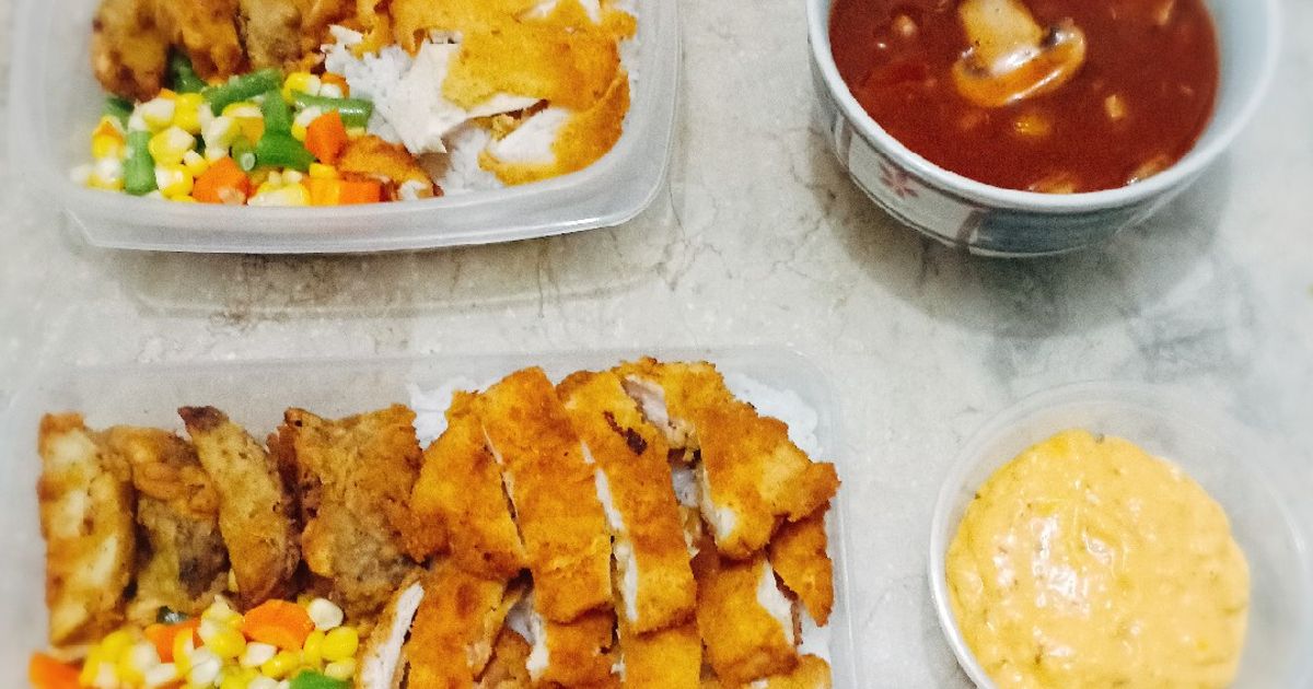 Resep Chicken Katsu, Crispy Potato, Mushroom Hot Sous, Cheese Egg Sous ...