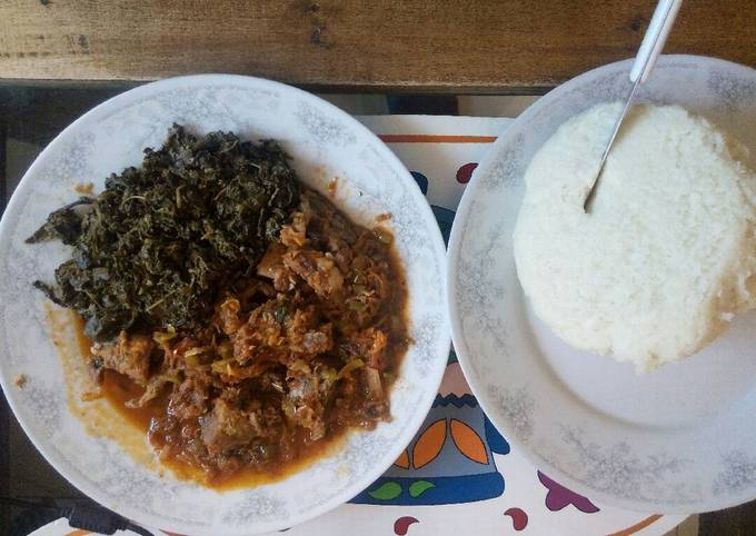 Dry fry meat and ugali with managu/mchicha Recipe by Milka James - Cookpad