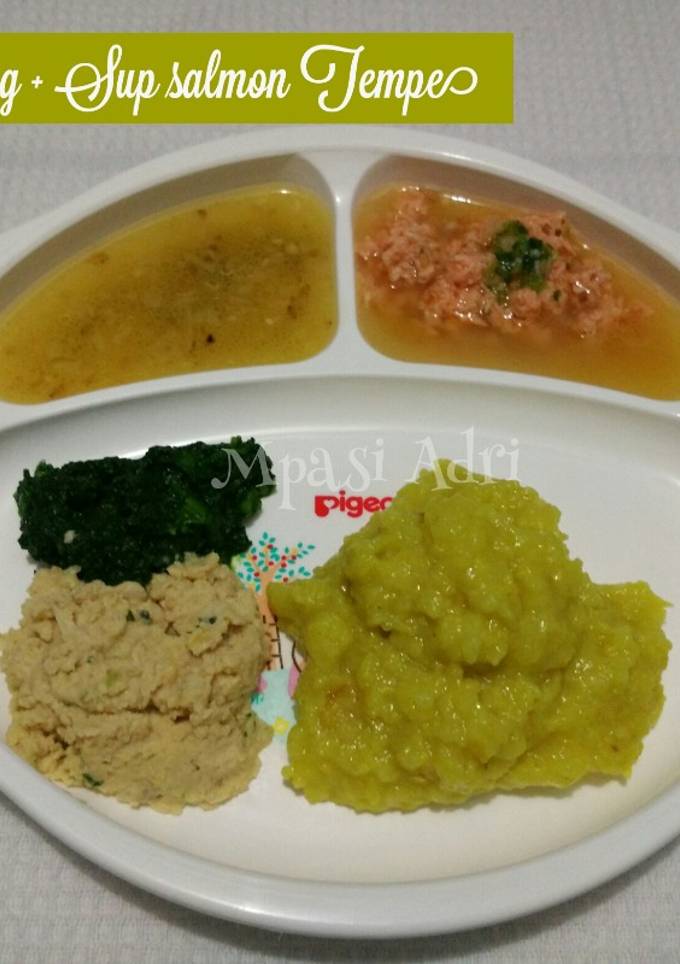 Resep Tim Nasi Kuning, Sup Salmon & Tempe (Mpasi 8+) oleh moms2a - Cookpad
