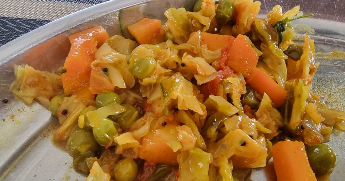 Cabbage Carot Peas Sabzi In Pressure Cooker Recipe by Priyangi Pujara ...