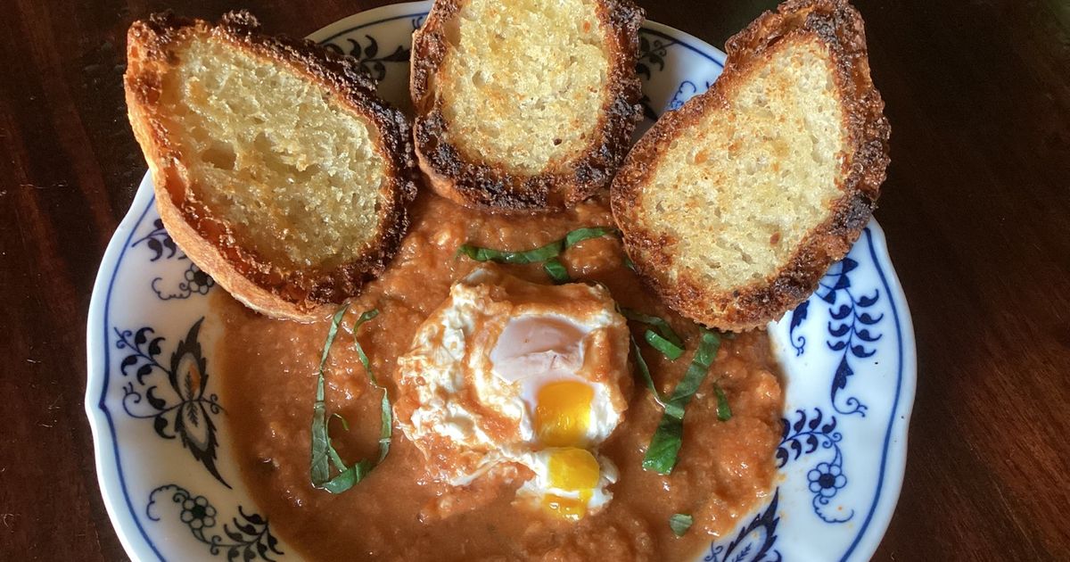 California Farm Shakshouka Poached Egg Dish In Gazpacho Sauce Recipe By ...