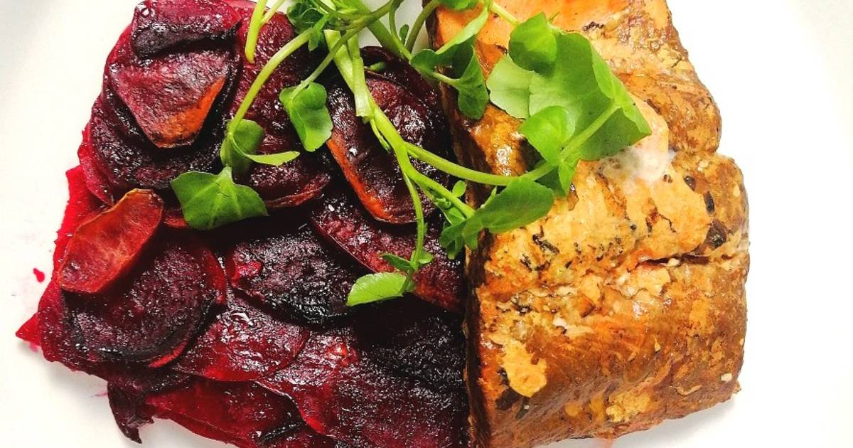 Hot smoked sockeye salmon with beetroot and potato gratin Recipe by ...