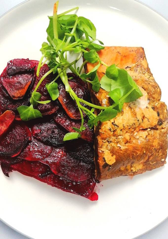 Hot smoked sockeye salmon with beetroot and potato gratin Recipe by ...