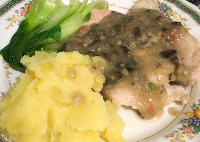Resep Ayam Fillet Saus Krim Jamur + Mashed Potato + Pokchoy oleh Evita ...