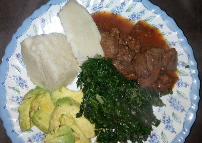 Ugali with wet fry beef n mixed greens/guacamole Recipe by karimi ...