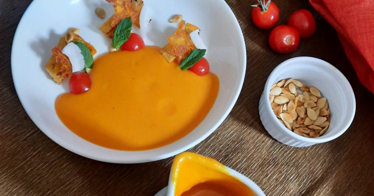Roasted Pumpkin-Tomato soup with Potato toasties Recipe by Sabrina ...
