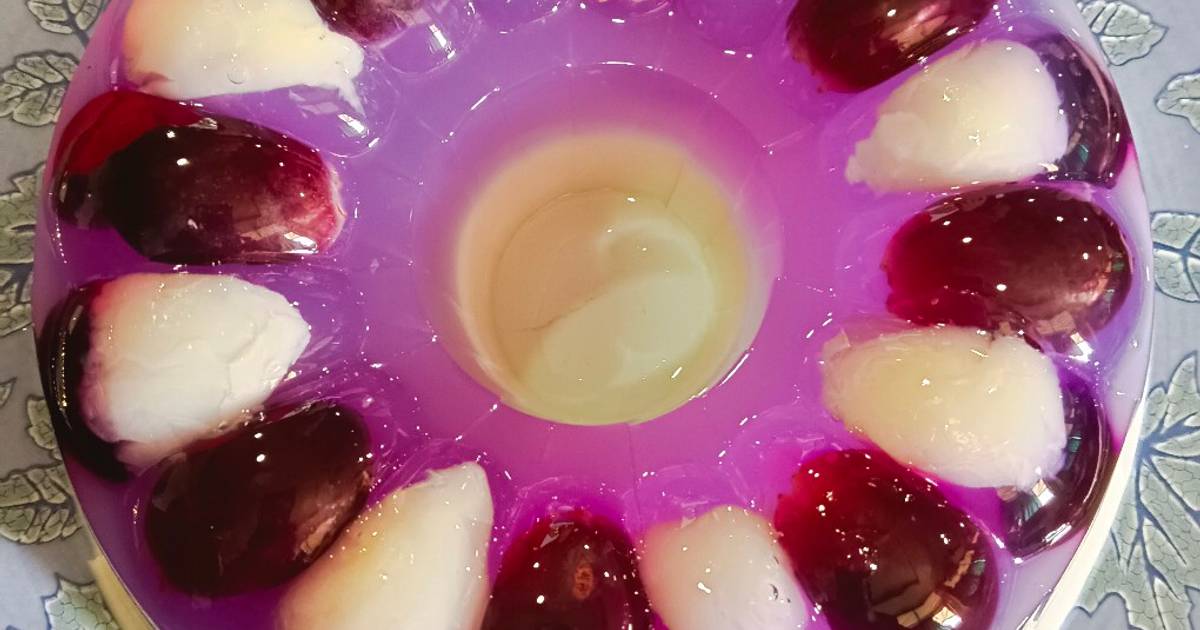 Resep Puding bunga telang dengan isian buah leci dan anggur oleh ...